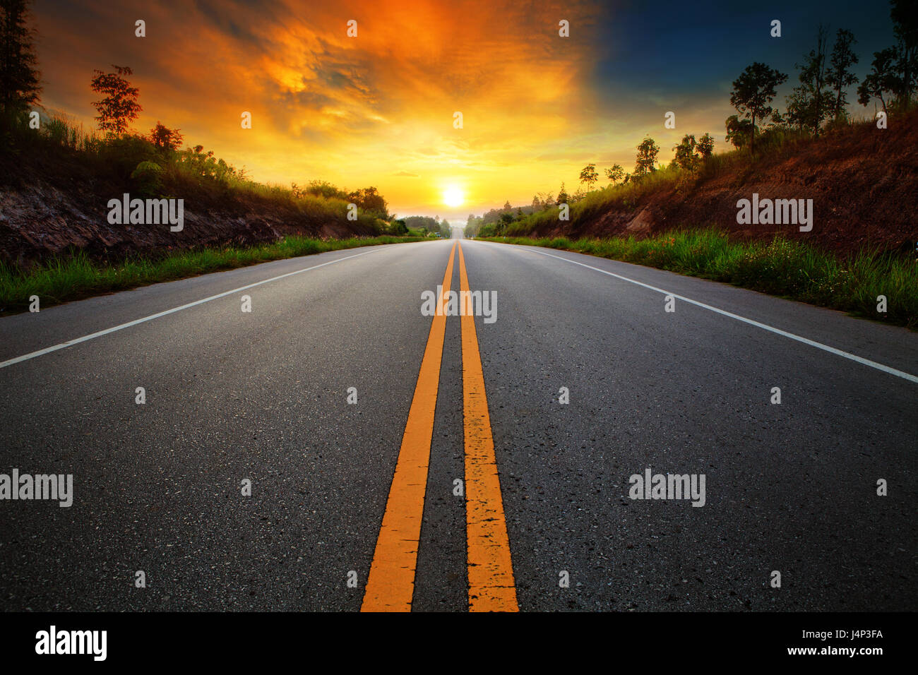 beautiful sun rising sky with asphalt highways road in rural scene use ...
