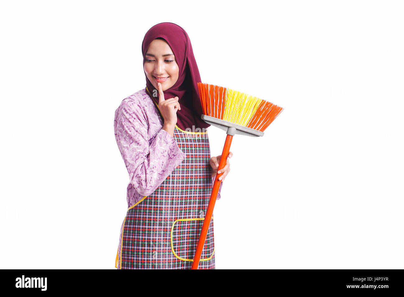 Beautiful housewife wear an apron hold cleaning equipment isolated on ...