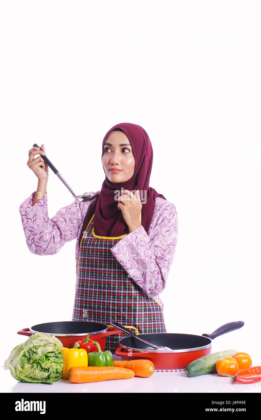 Housewife wear an apron ready to cook for family members with different ...