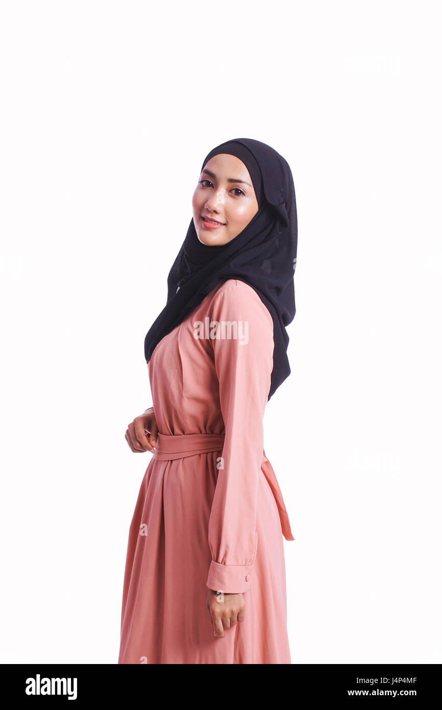 Woman wear a beautiful dress show different body language isolated on ...