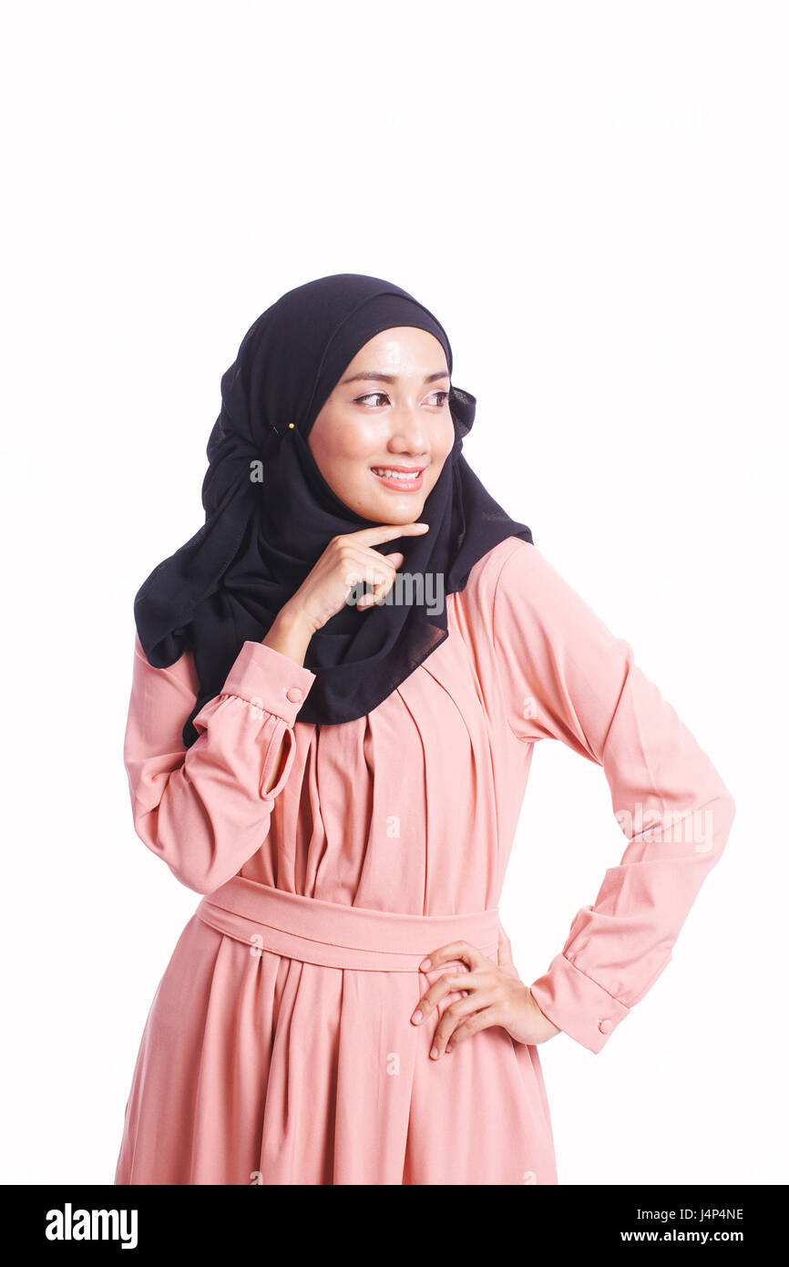 Woman wear a beautiful dress show different body language isolated on ...