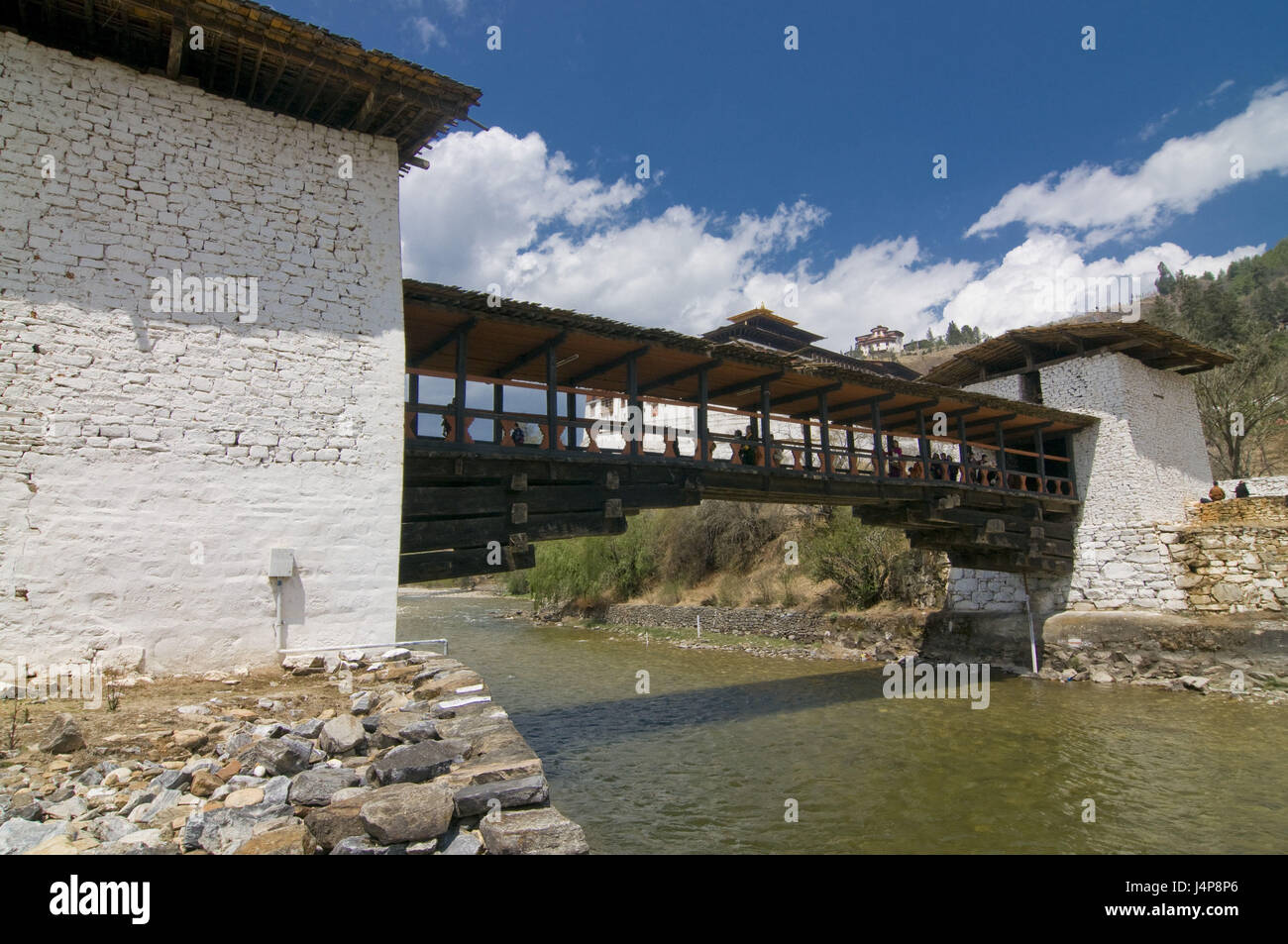 River Paro Chhu, wooden bridge, Dzong, Paro, Bhutan Stock Photo - Alamy