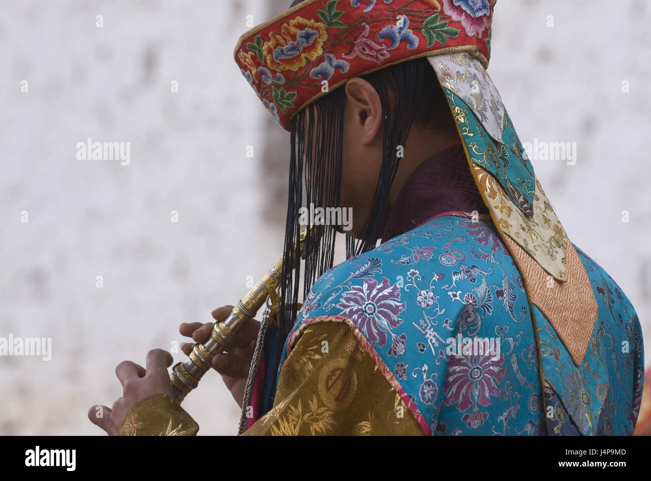 Religious feast, musician, flute, at the side, Paro Tsechu, Bhutan ...