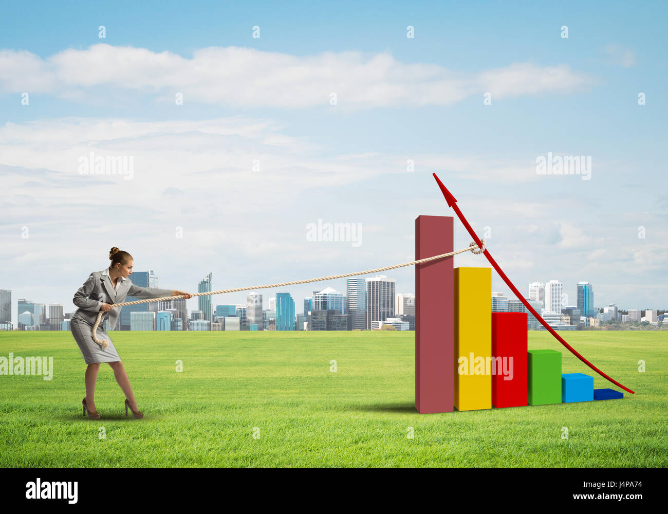 Businesswoman pulling graph with rope as concept of power and control ...