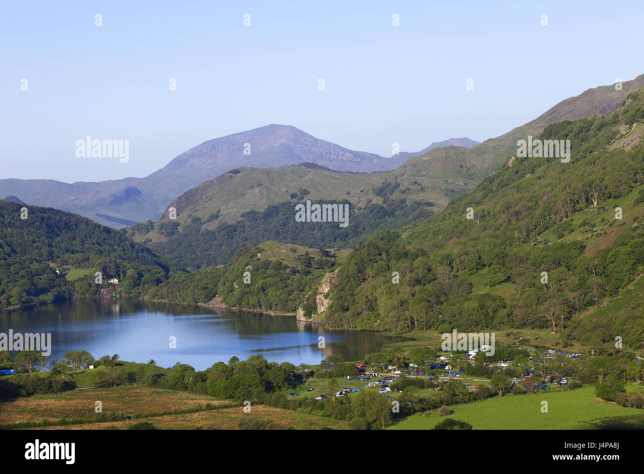 Wales, Gwynedd, Snowdonia national park, camping site, lake, mountains ...