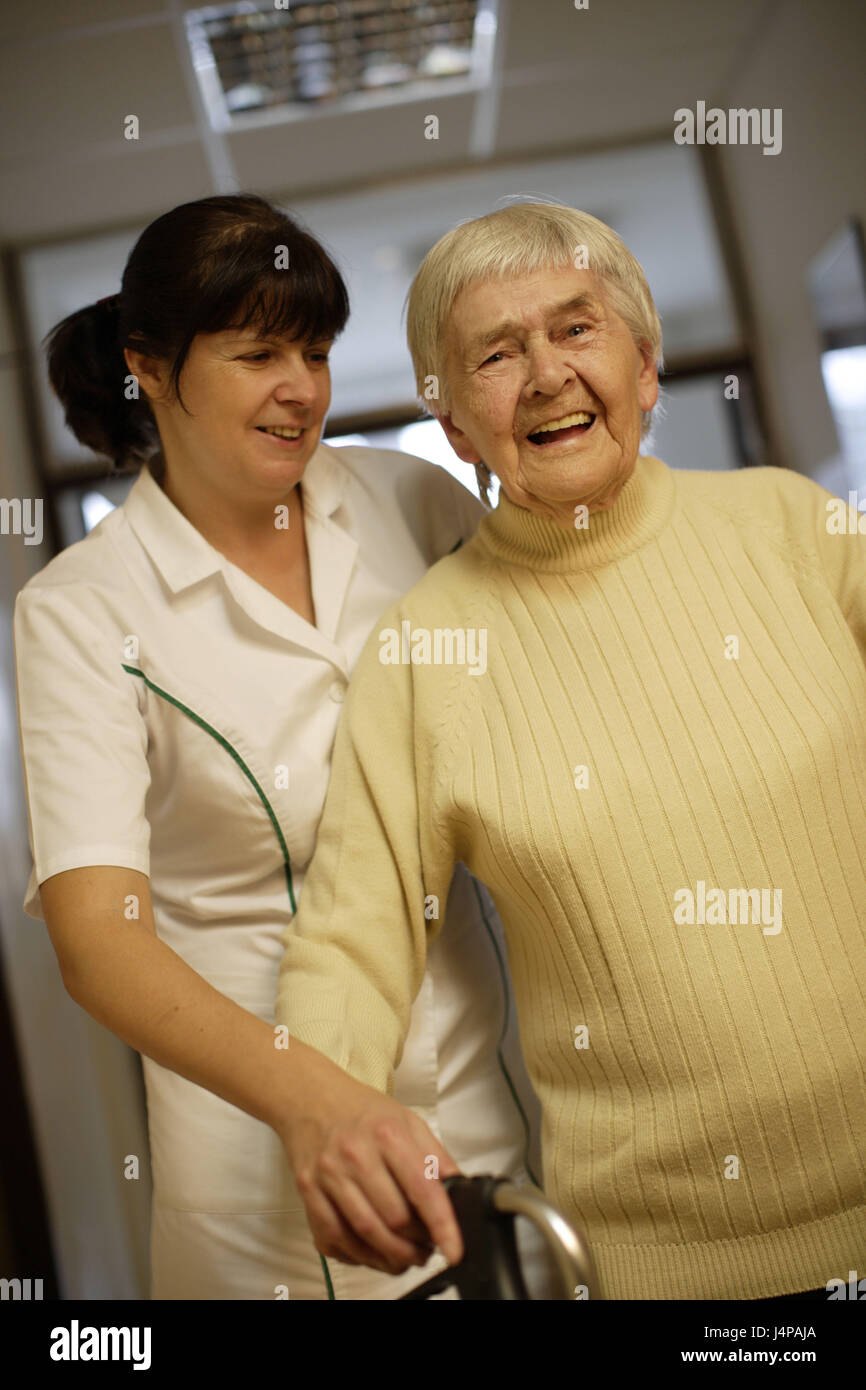 Nursing home, senior, smile, Rollator, nurse, half portrait, model ...