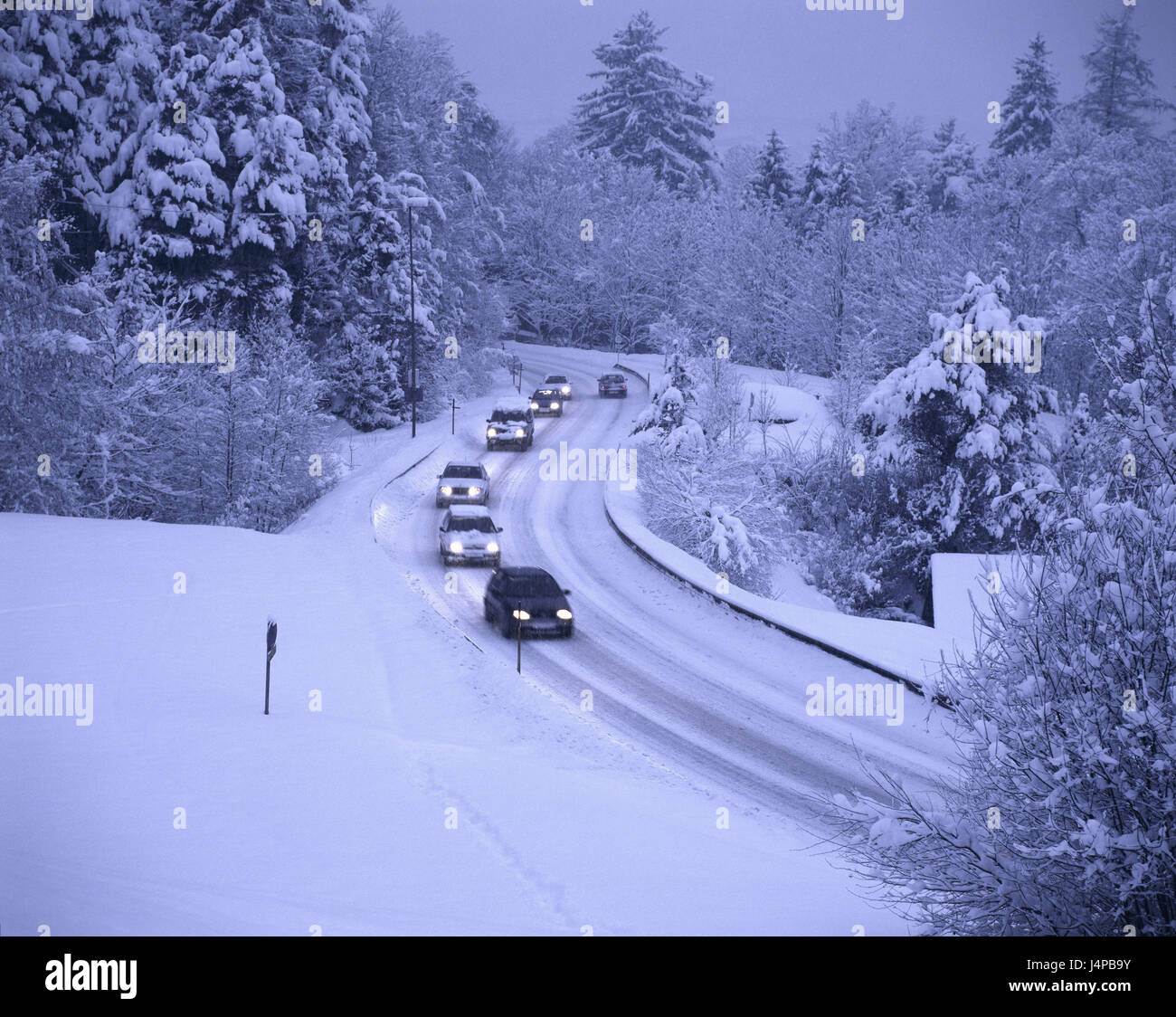 Street, traffic, winter, snow, ice, cold, snowy, cars, lights, dusk ...