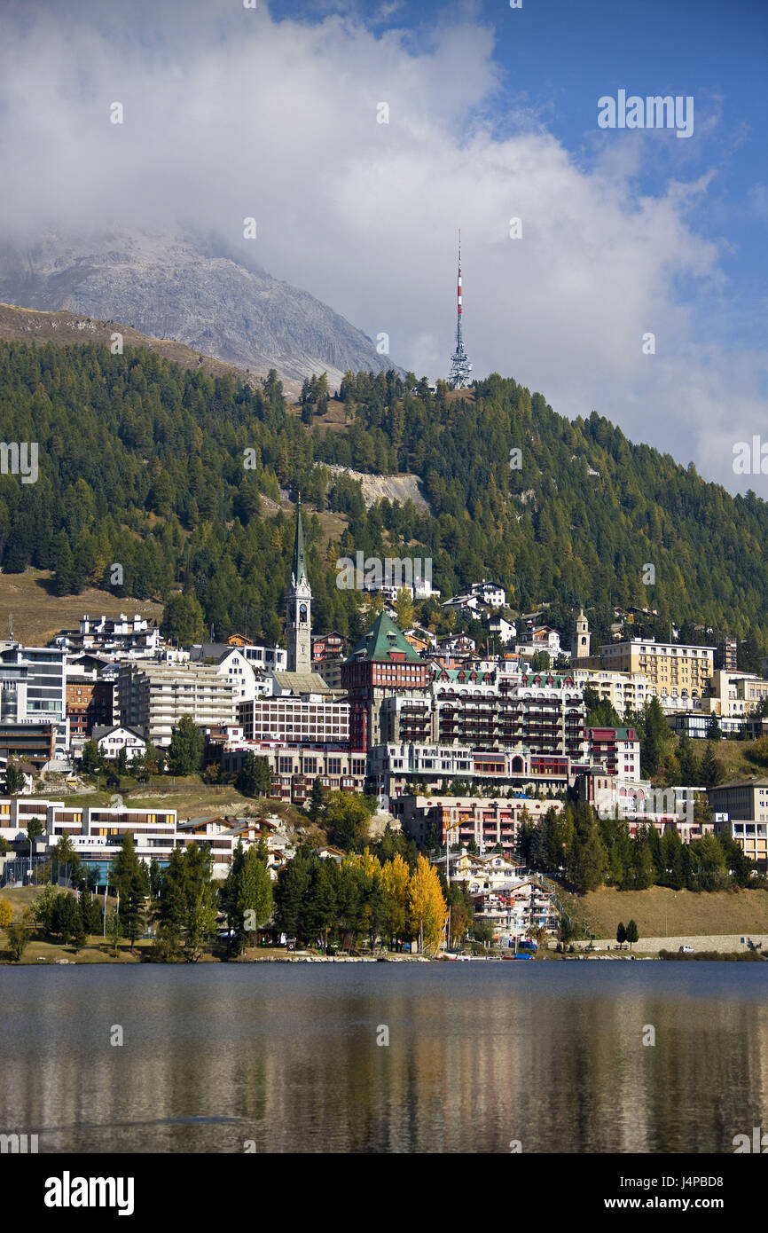 Switzerland, St. Moritz, town view, lake Stock Photo - Alamy