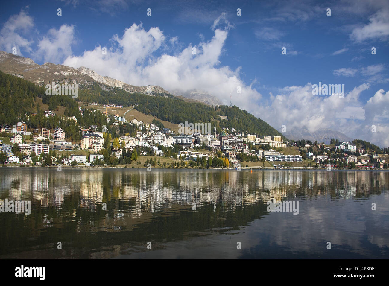 Switzerland, St. Moritz, town view, lake Stock Photo - Alamy