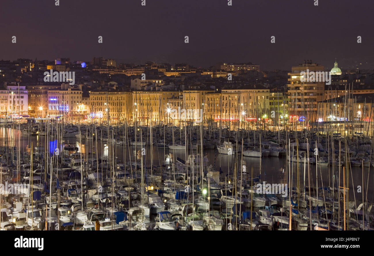 France, Marseille, town view, harbour, lighting, evening Stock Photo ...