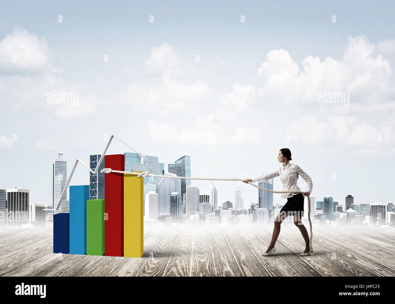 Businesswoman pulling arrow with rope and making it raise up Stock ...