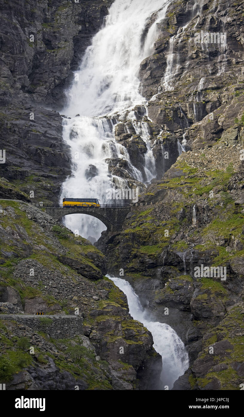 Norway, More og Romsdal, Trollstigen, waterfall, street, bus Stock ...