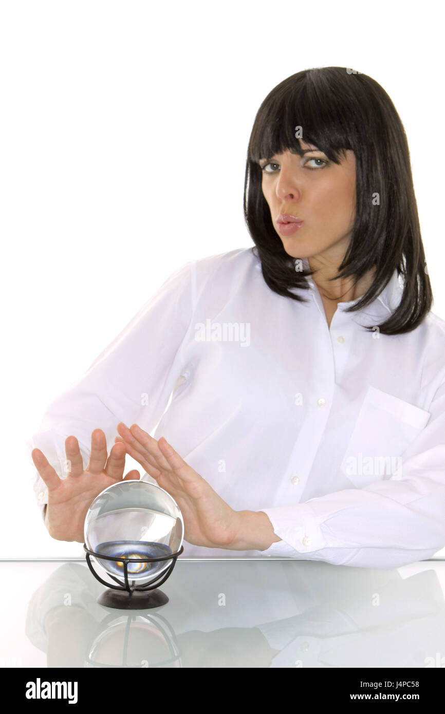 Foreteller, gesture, crystal ball, half portrait, model released Stock ...