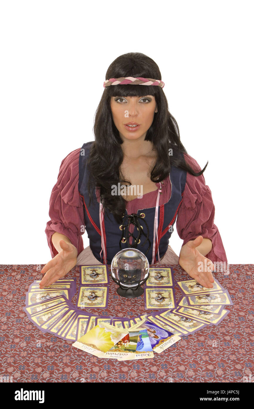 Foreteller, crystal ball, tarot cards, gesture, half portrait, model ...