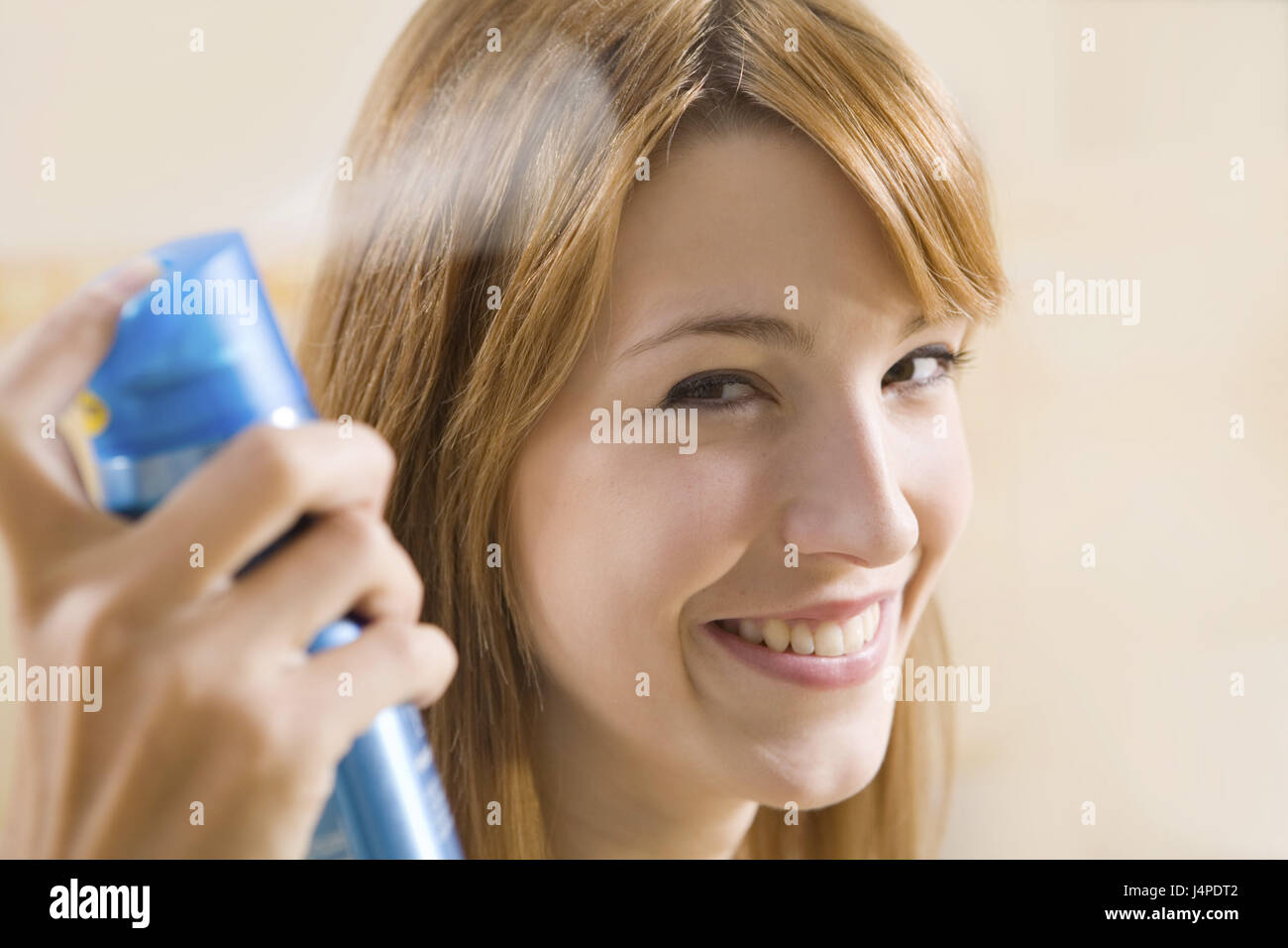 Woman, young, smile, hair spray, apply, portrait, curled, model ...