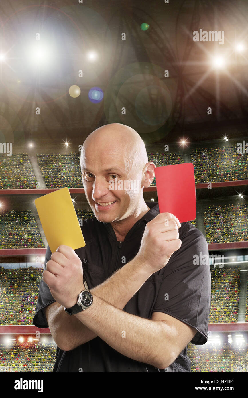 Referees, half portrait, smile, football stadium, crowd of spectators ...