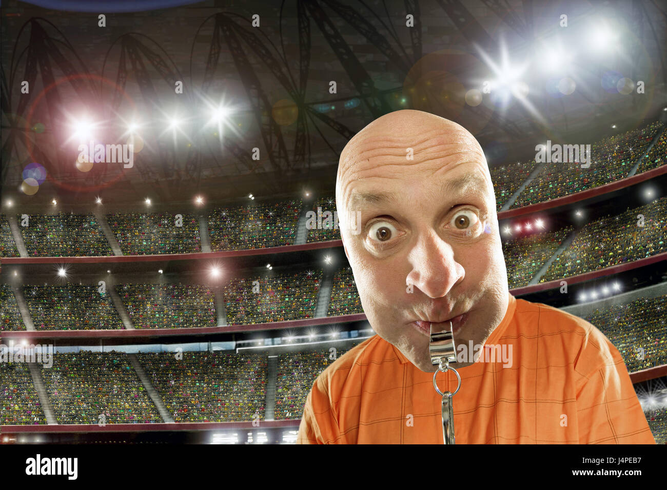 Referee, whistles, portrait, football stadium, crowd of spectators ...