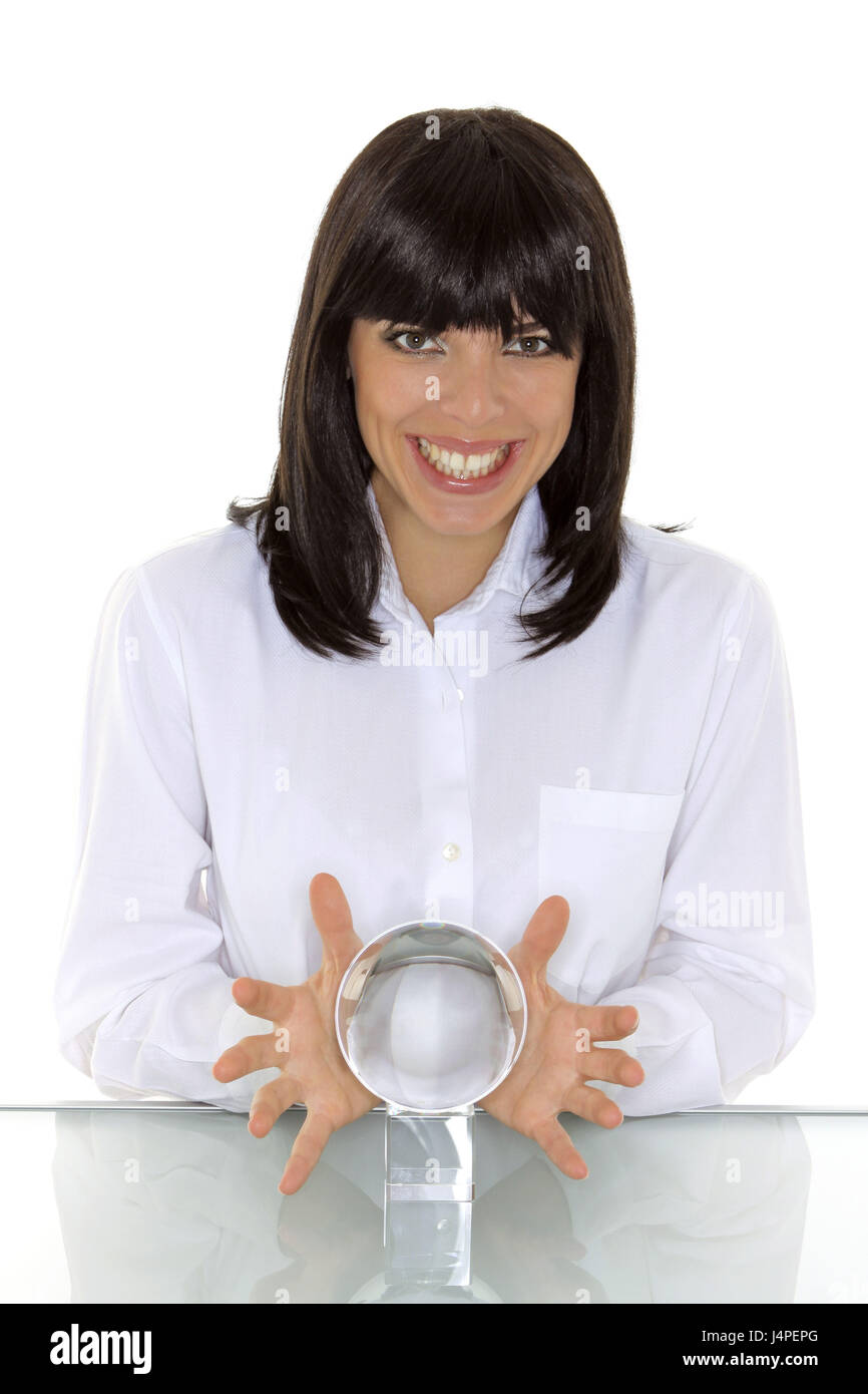 Foreteller, gesture, crystal ball, half portrait, model released Stock ...