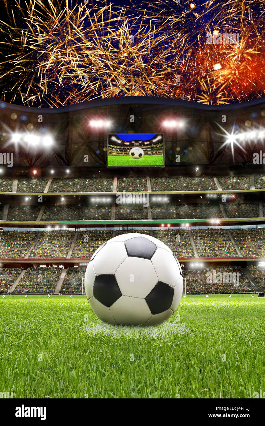 Football stadium, turf, ball, spectator's stand, fireworks Stock Photo ...