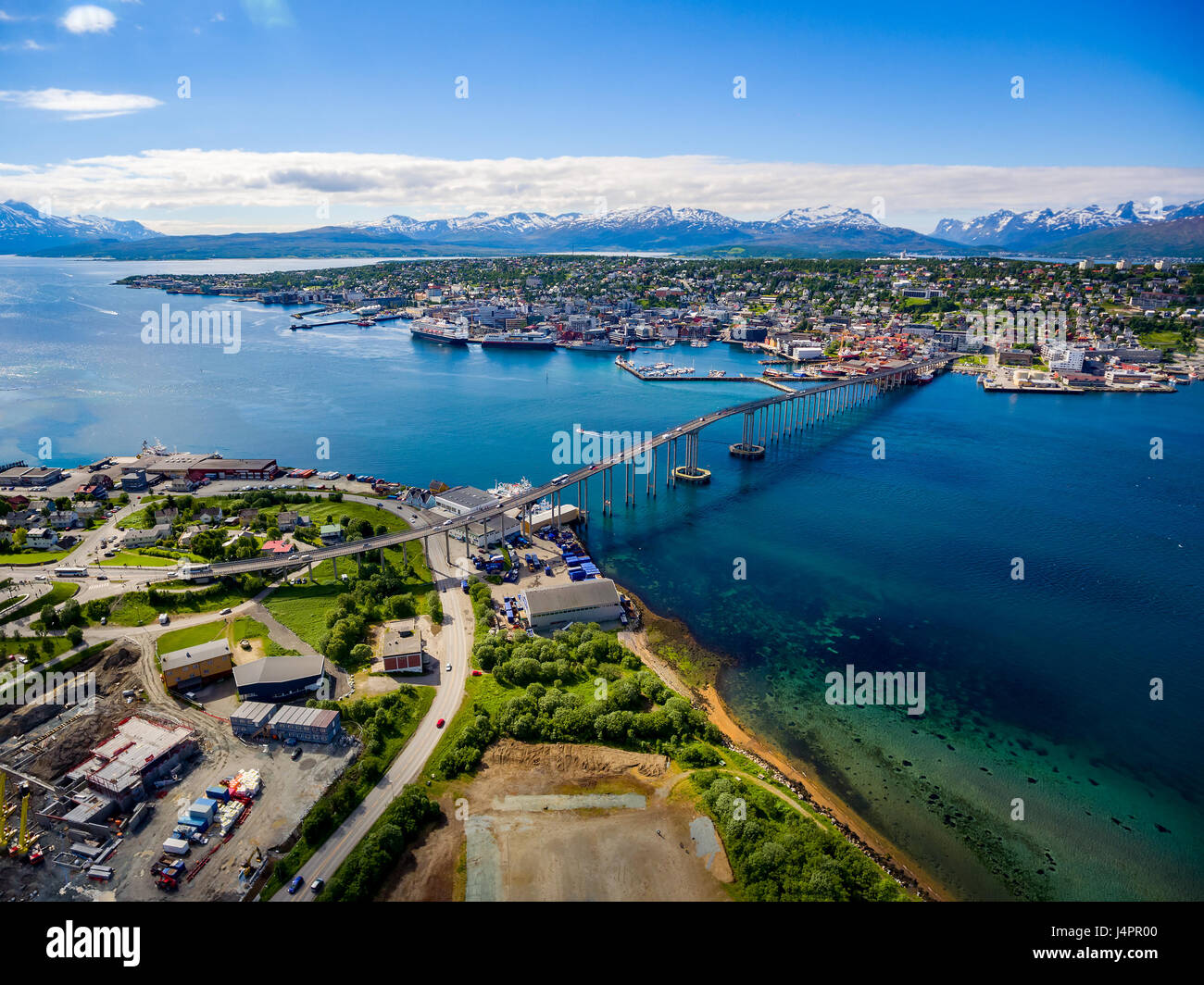 Bridge of city Tromso, Norway aerial photography. Tromso is considered ...