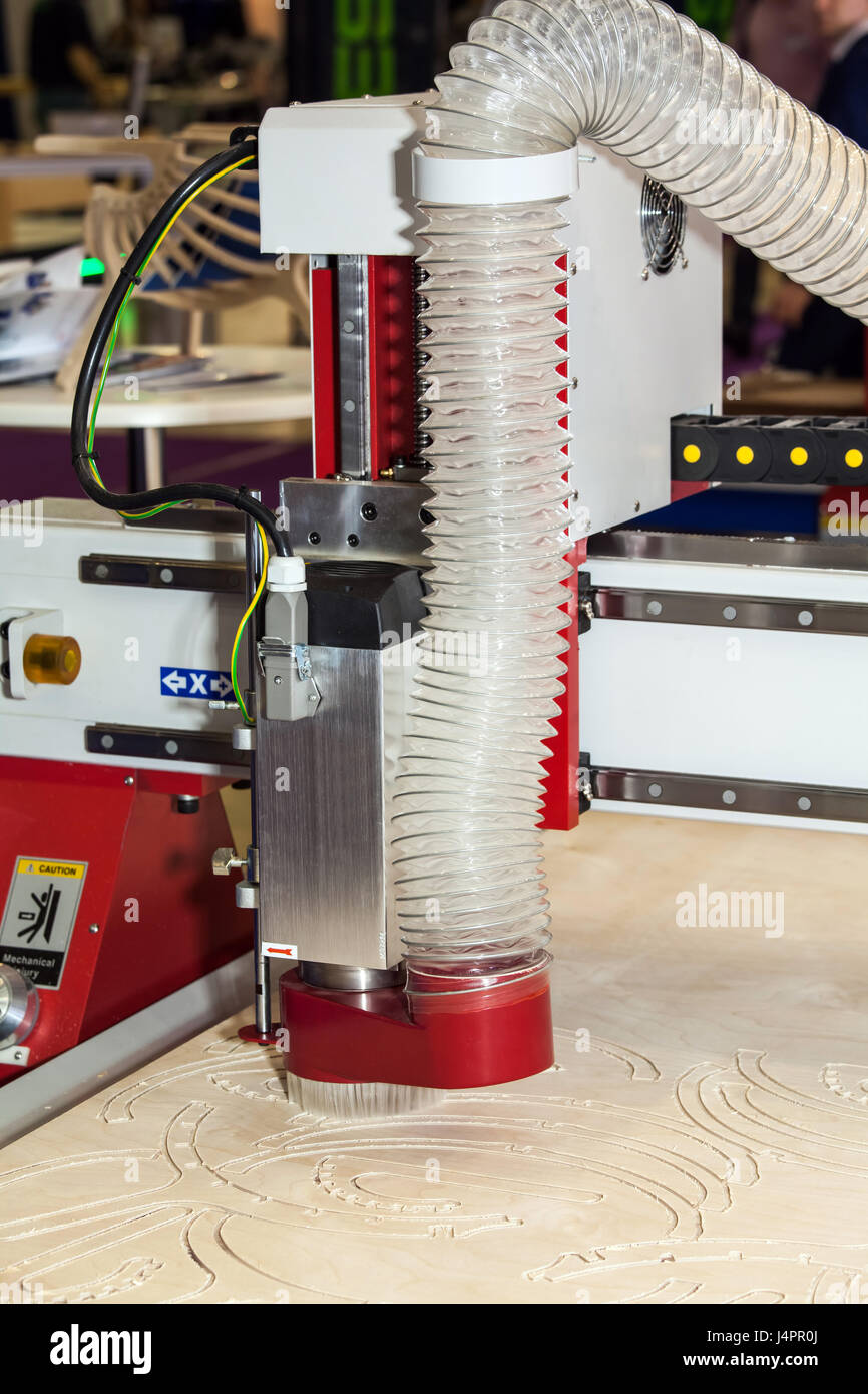 Wooden milling machine, closeup process of wood cutting Stock Photo - Alamy