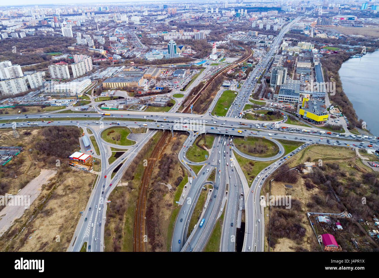 Aerial view of a freeway intersection. Aerial photography Stock Photo ...