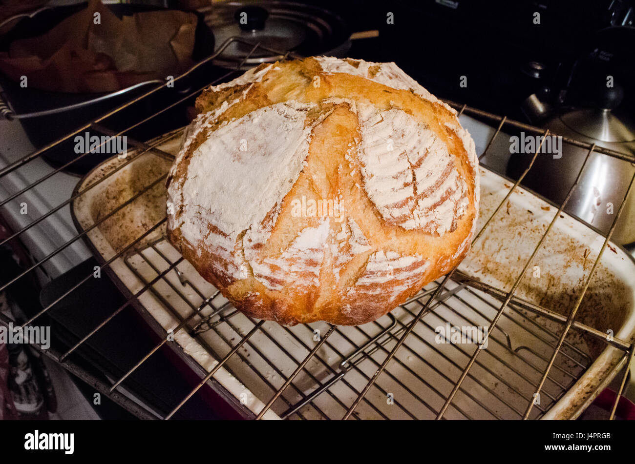Closeup of homemade sourdough bread round loaf on wire rack in kitchen ...