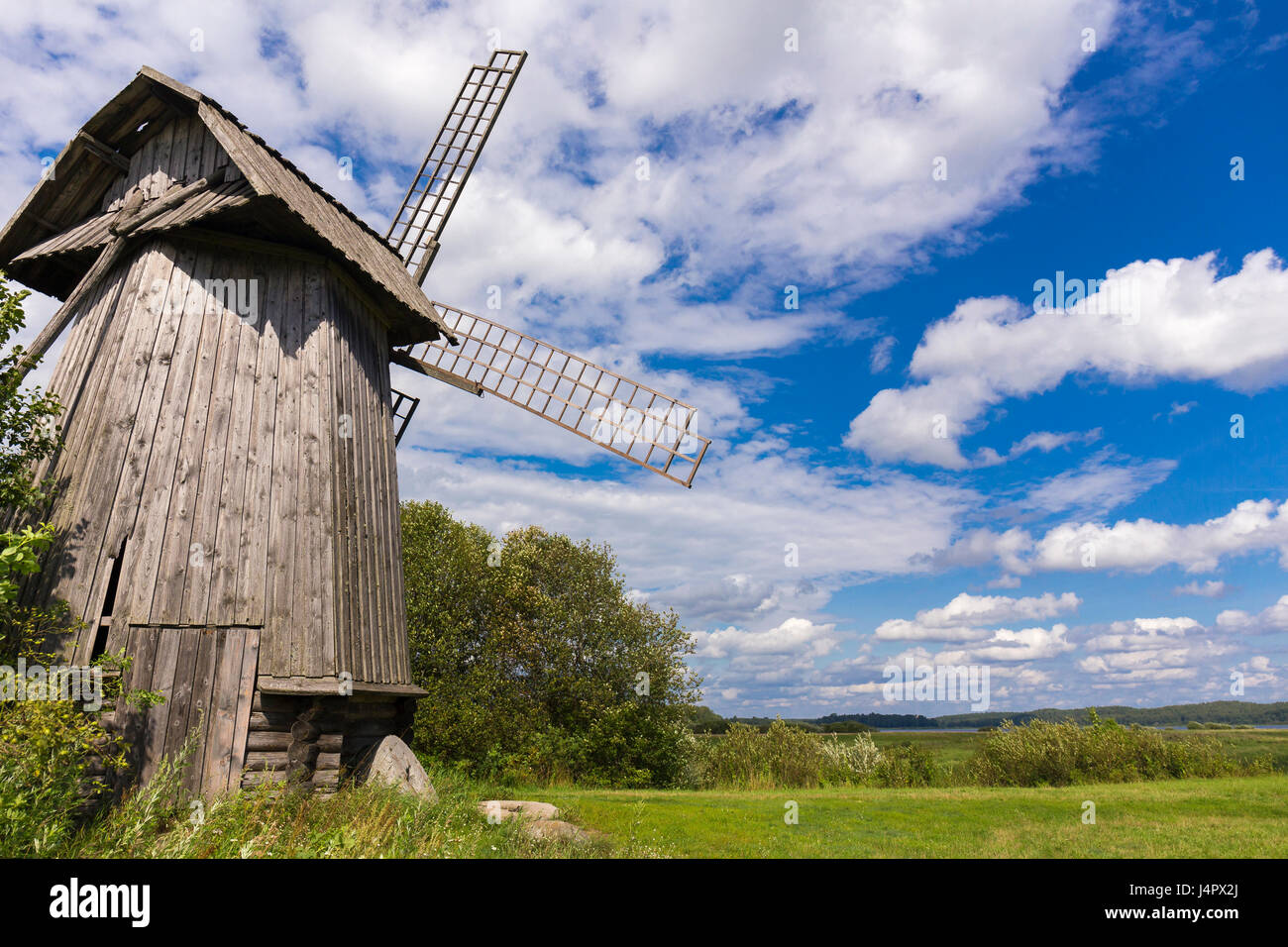 Beautiful rural landscape with old windmill, Pskov region, Russia Stock ...