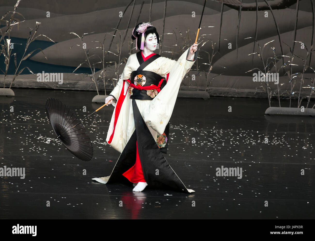 Kabuki dance performance on stage of MUPA Budapest on July 5, 2014 in ...