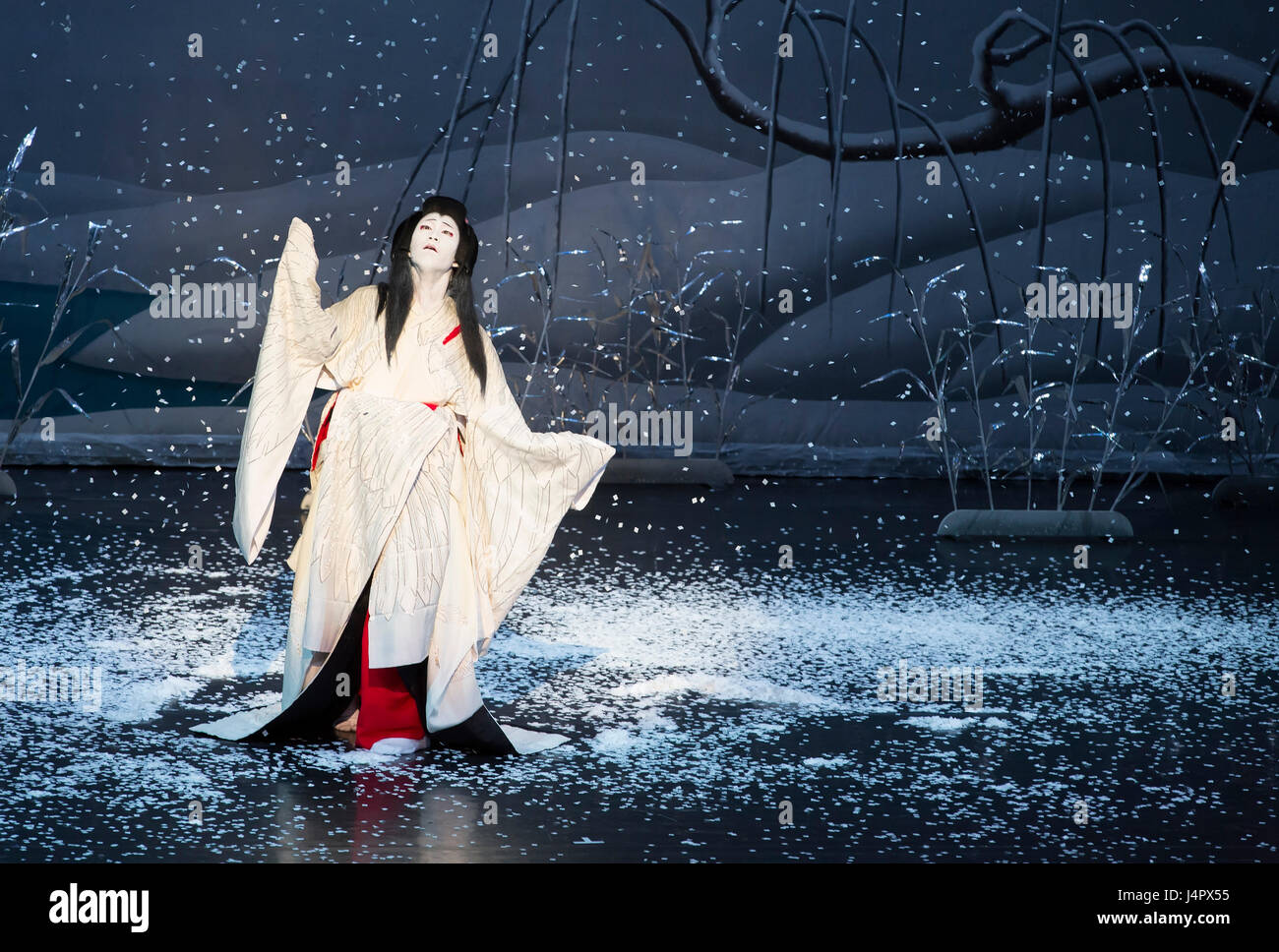 Kabuki dance performance on stage of MUPA Budapest on July 5, 2014 in ...
