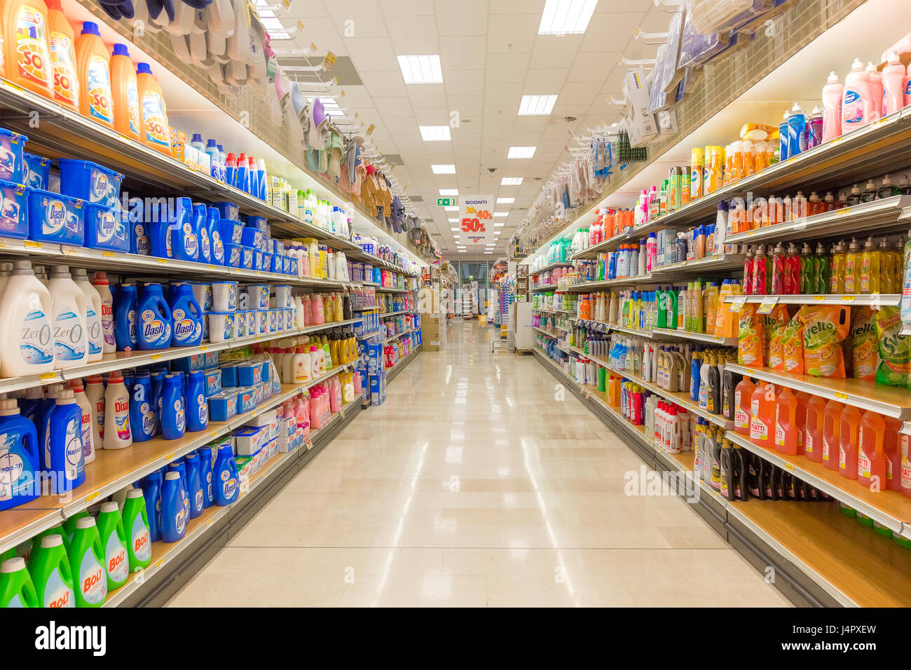 ITALY, MILAN- MAY 11, 2016: Shelves in Lidl supermarket. Lidl is a ...