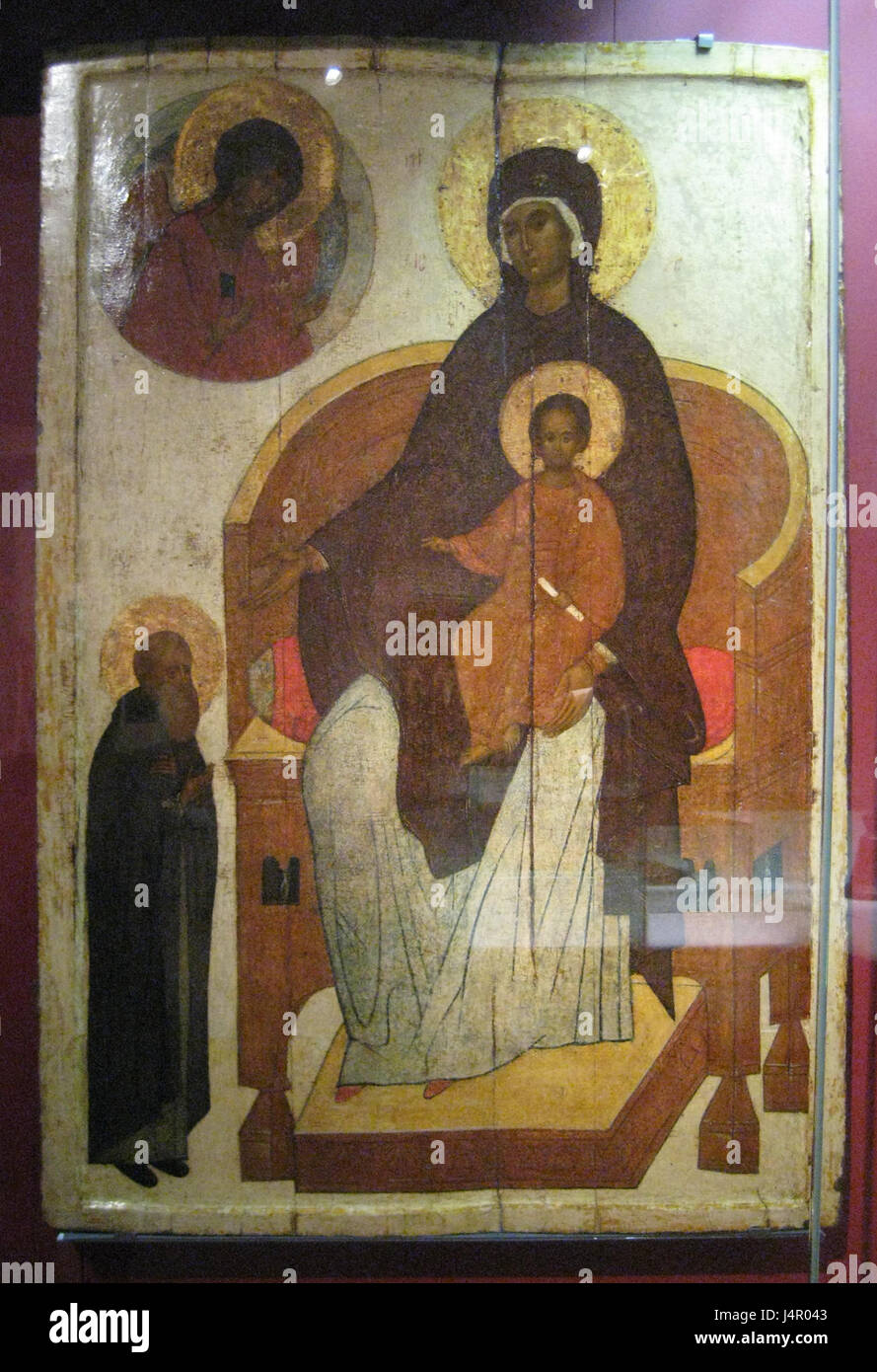 This 15th-century icon depicts the Virgin Mary enthroned with Sergius of Radonezh, a revered ...