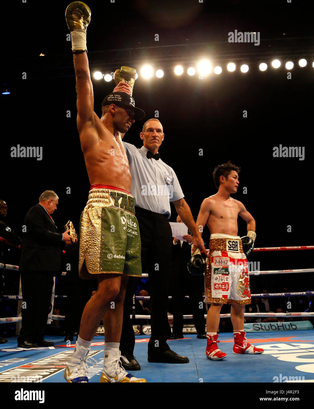 Kal Yafai (left) celebrates beating Suguru Muranaka during their WBA ...