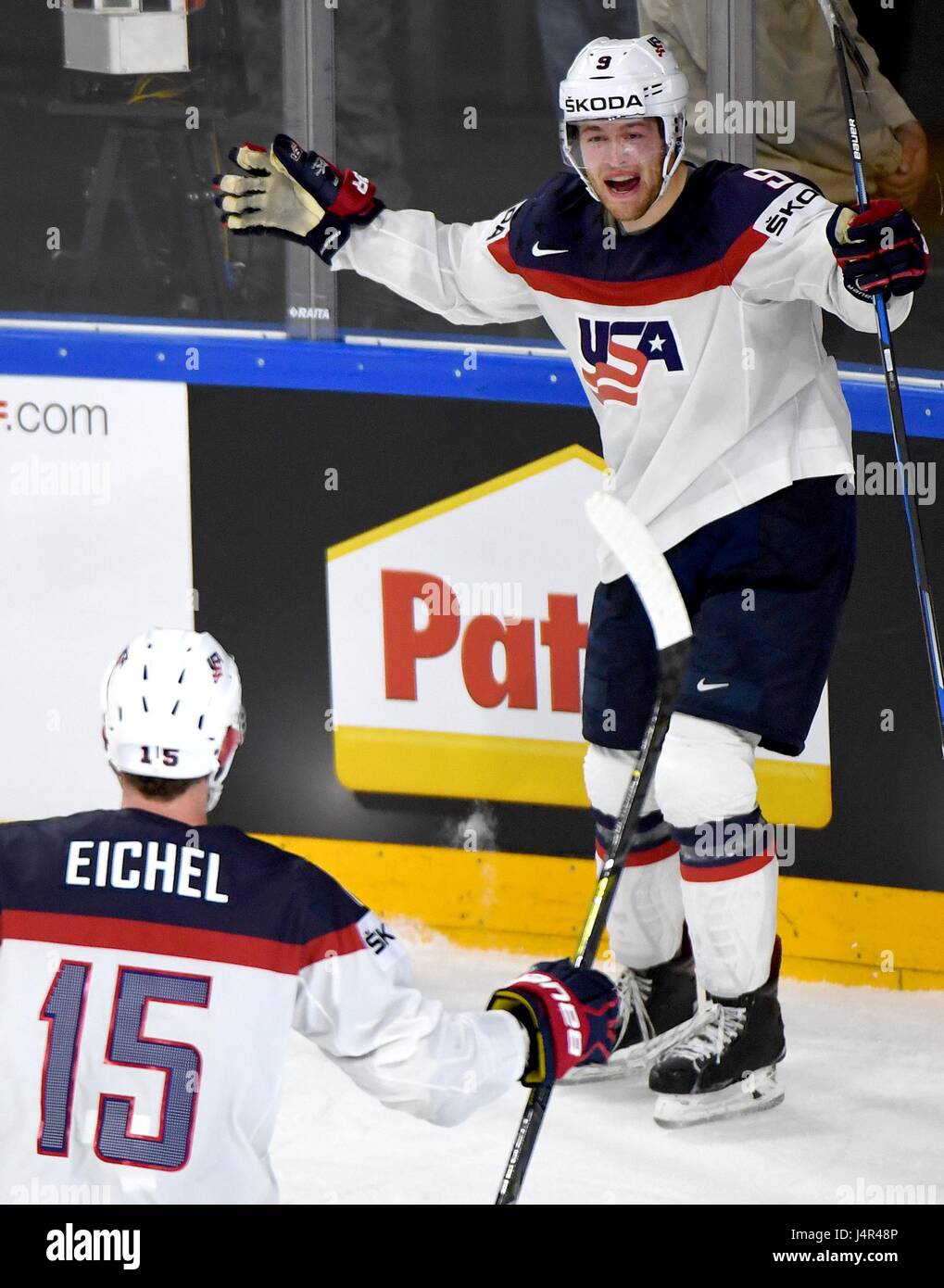 Cologne, Germany. 12th May, 2017. US player Andrew Copp (R) cheers over ...