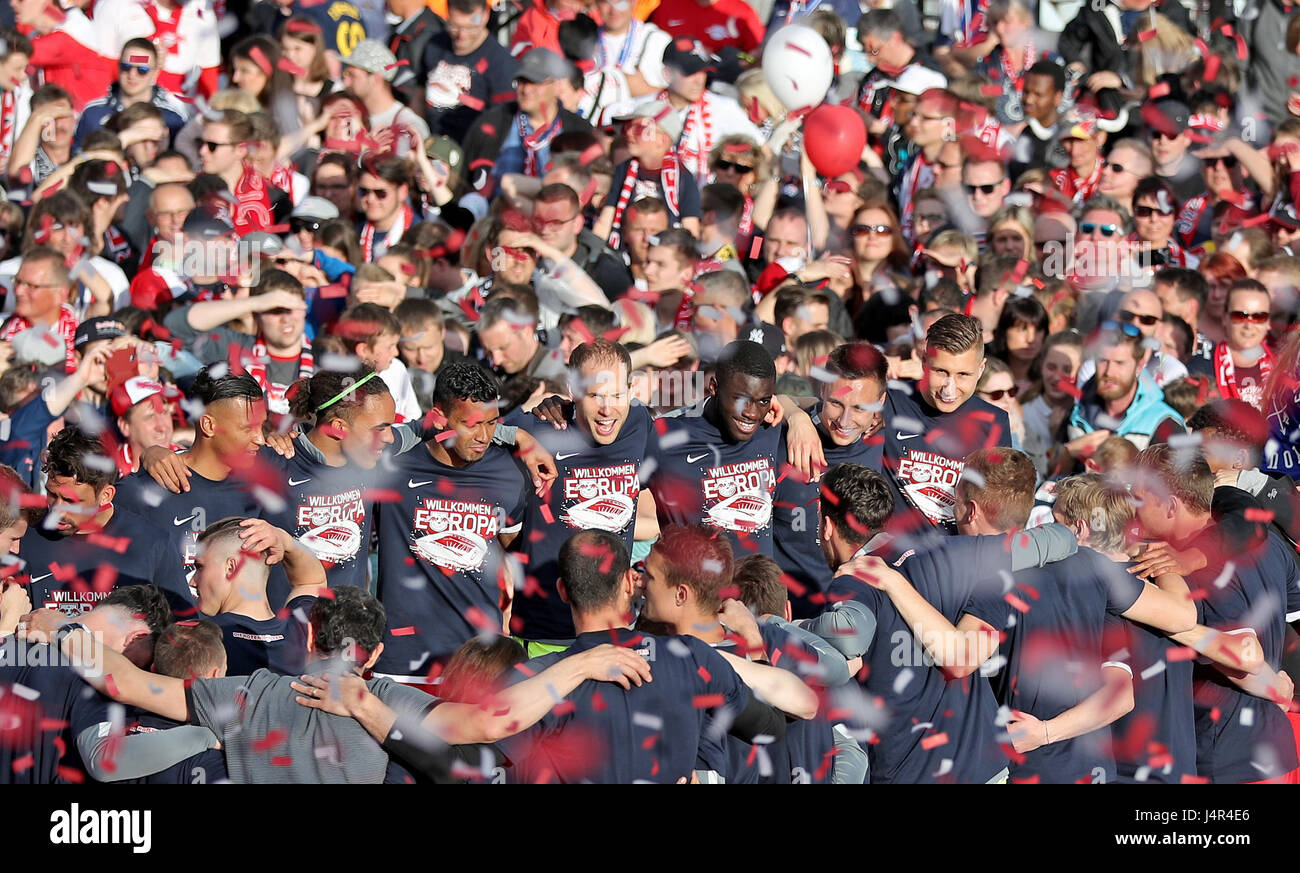 Leipzig, Germany. 13th May, 2017. Leipzig's fans celebrate a fan ...