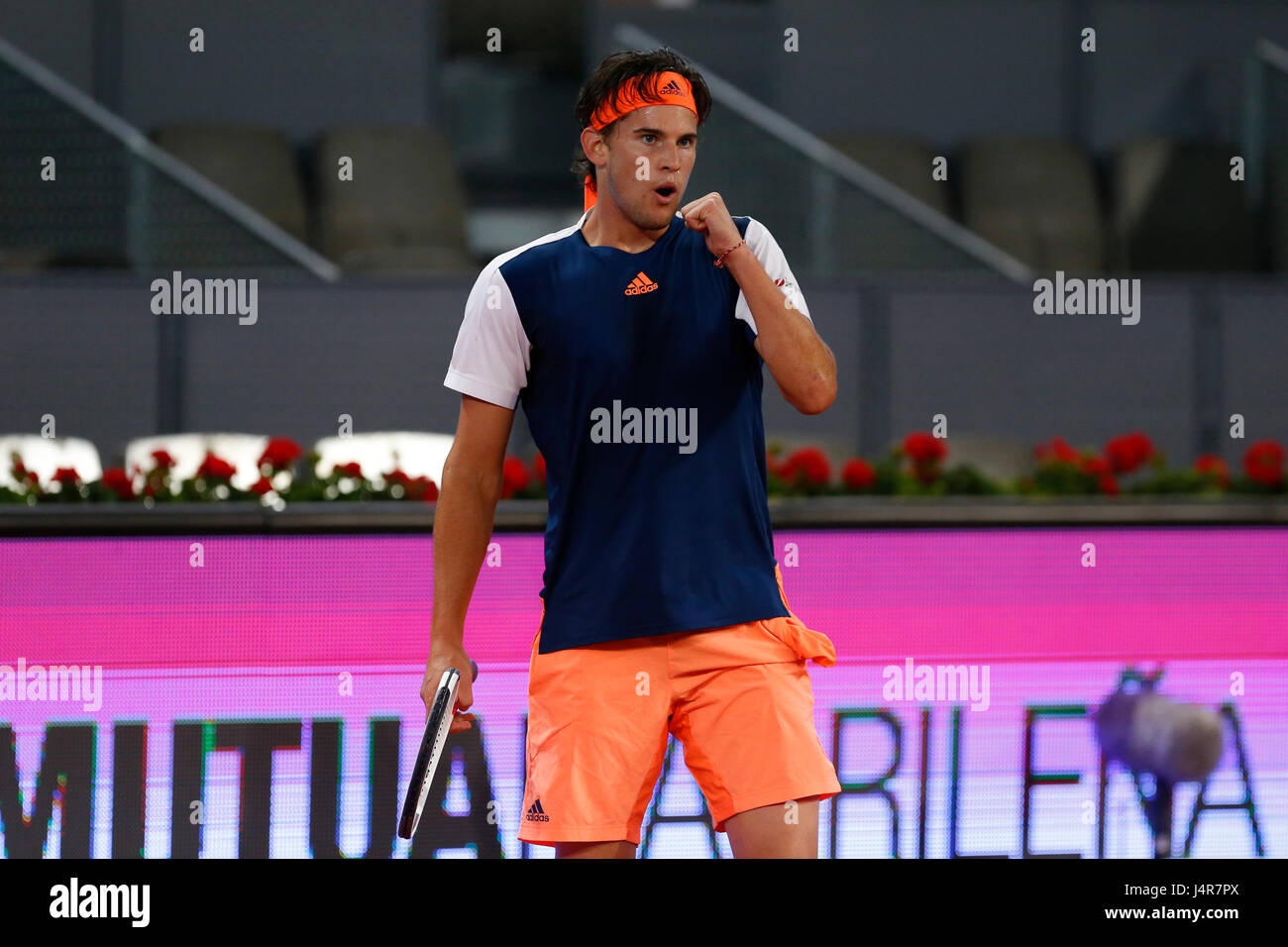 Dominic Thiem of Austria celebrates his victory against Pablo Cuevas of ...