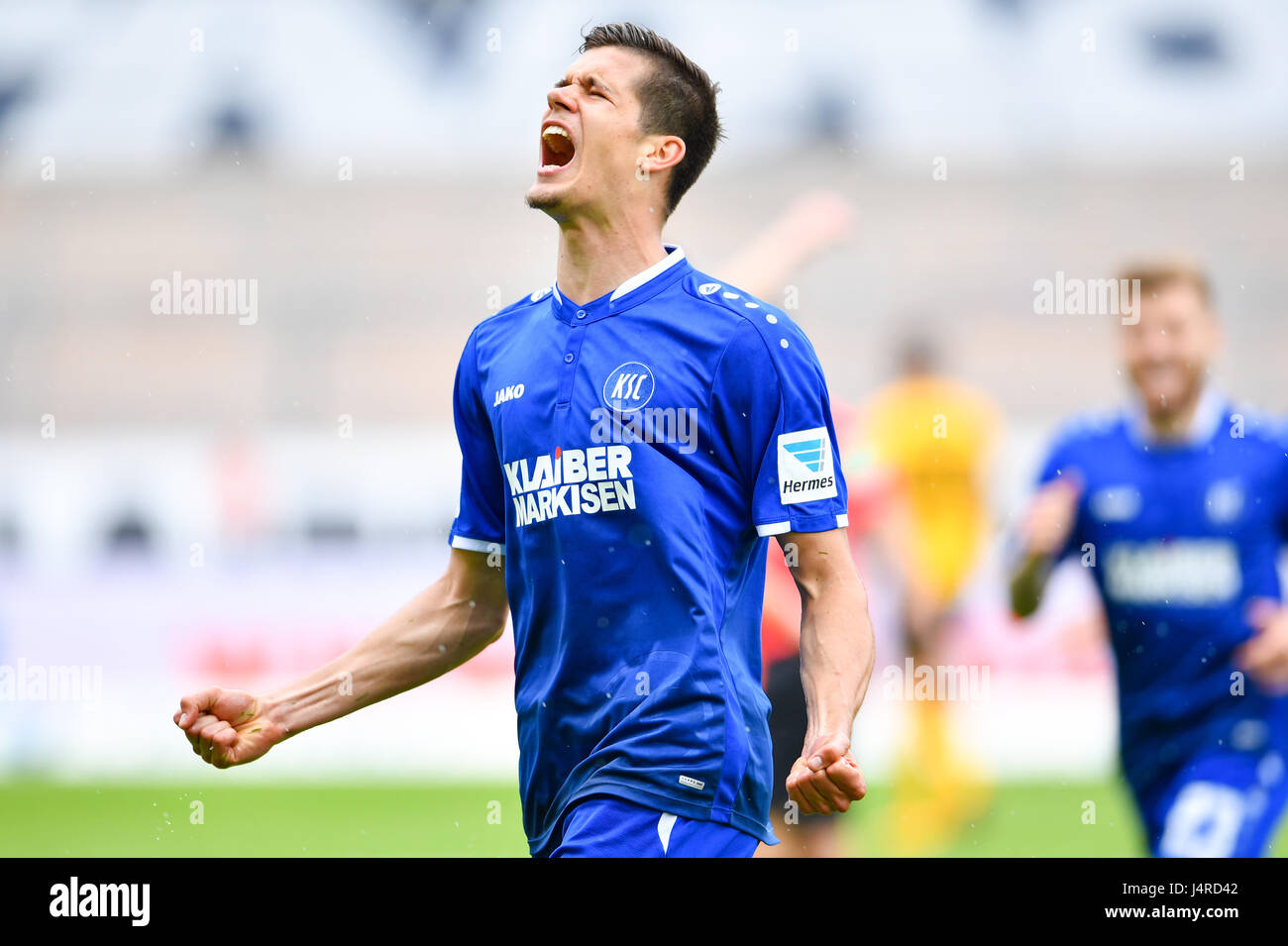 Karlsruhe, Germany. 14th May, 2017. Karlsruhe's Oskar Zawada celebrates ...