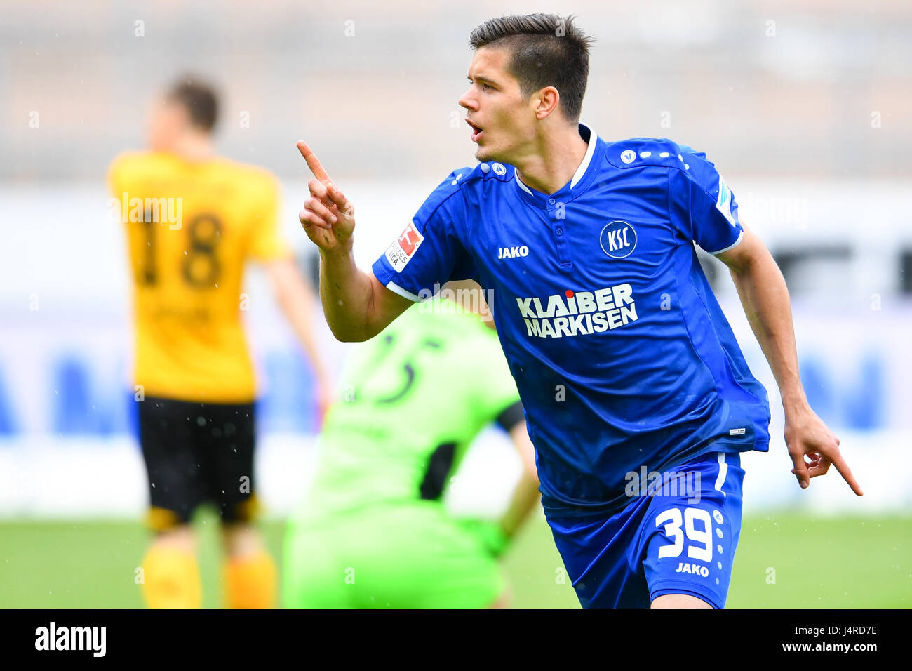 Karlsruhe, Germany. 14th May, 2017. Karlsruhe's Oskar Zawada celebrates ...