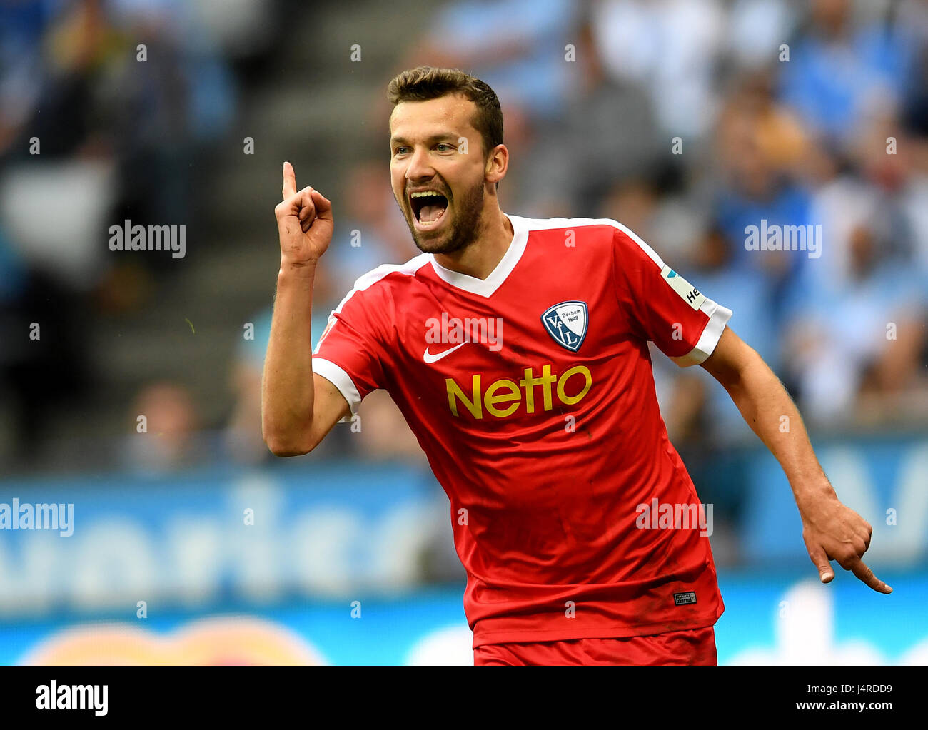 Munich, Germany. 14th May, 2017. Bochum's Tom Weilandt celebrates his 2 ...
