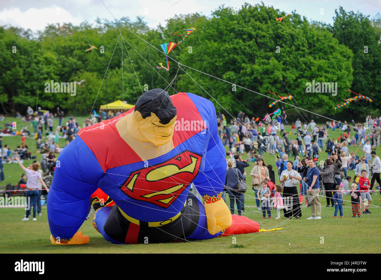 London, UK. 14 May 2017. Members of a kite flying club fly huge kites ...