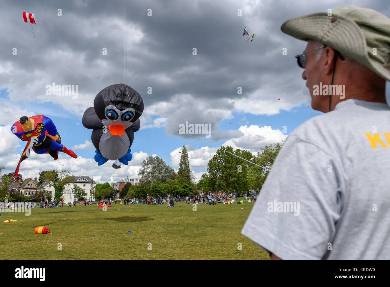 London, UK. 14 May 2017. Members of a kite flying club fly huge kites ...