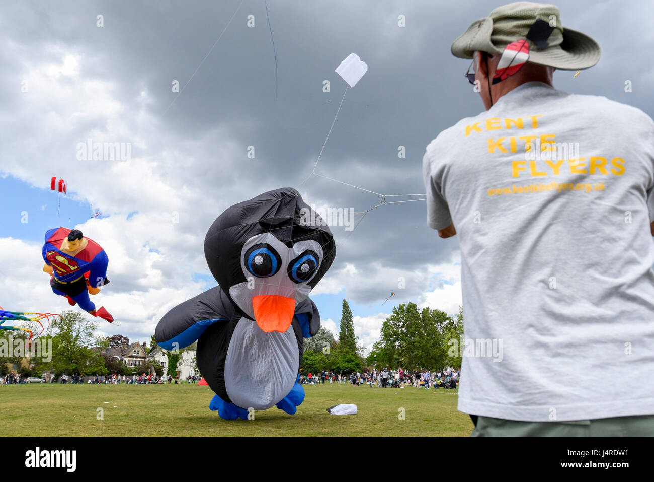 London, UK. 14 May 2017. Members of a kite flying club fly huge kites ...