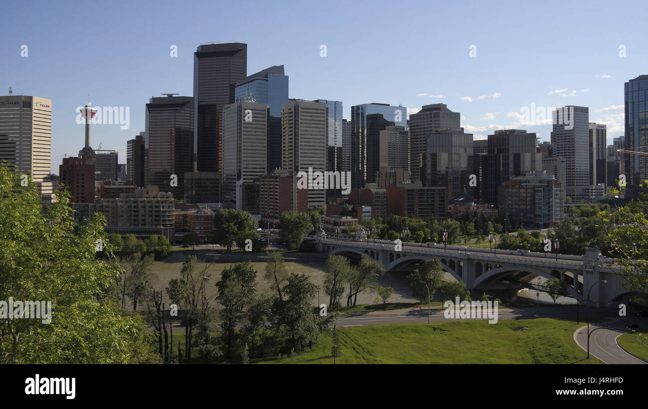 Town view, Calgary, skyline, high rises, river, bridge, Canada, Alberta ...