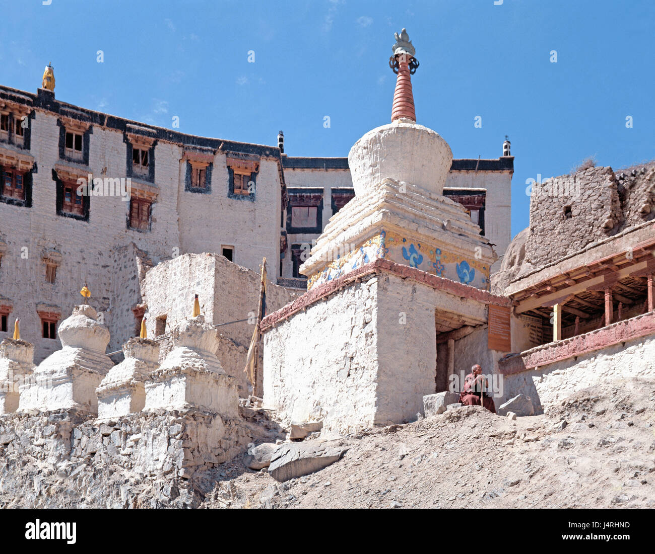 India, Ladakh, cloister of Spituk, outside, monk, cloister, building ...