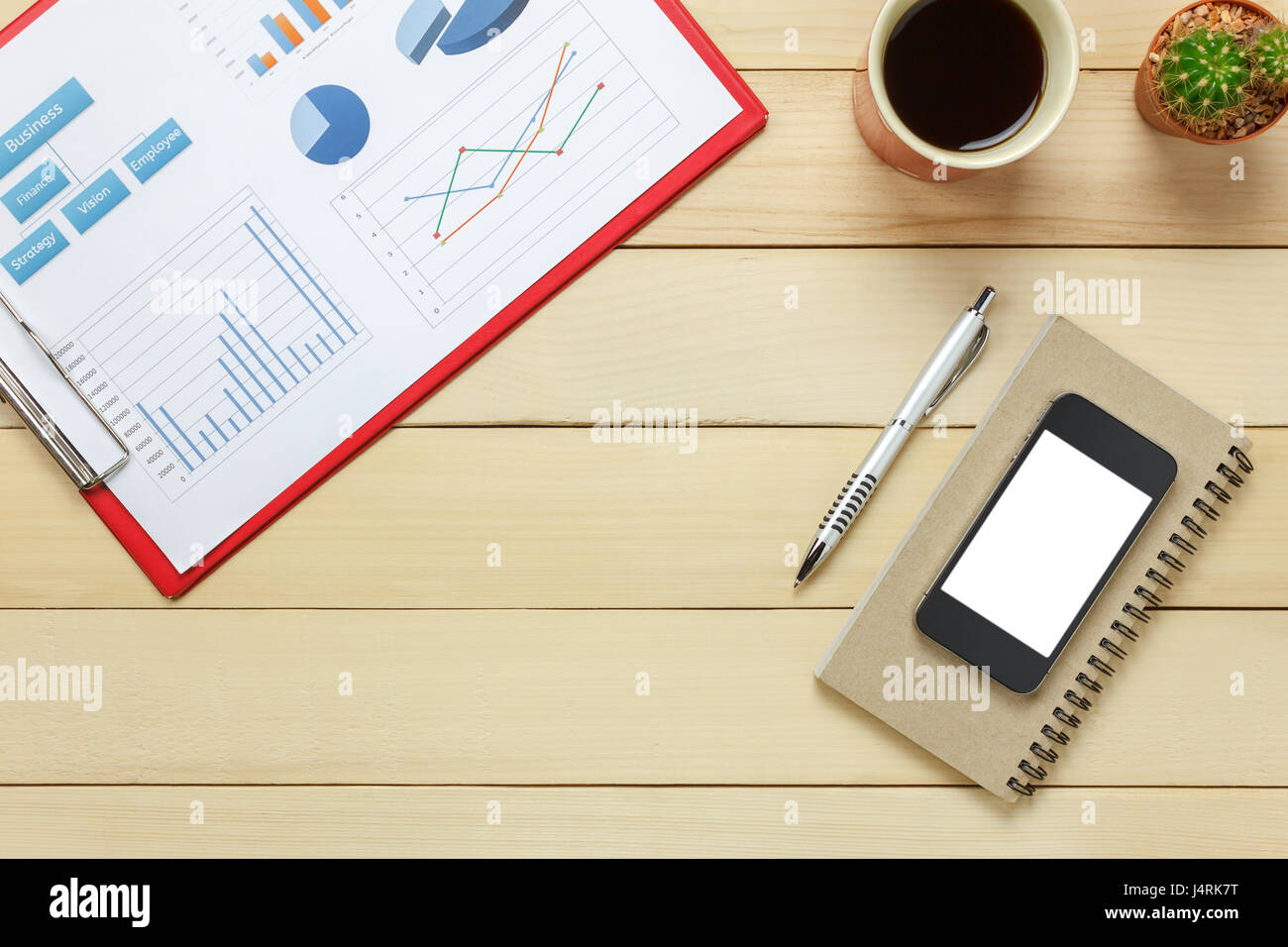 Top view chartered sheet,pen,coffee,smartphone notebook,cactus on ...