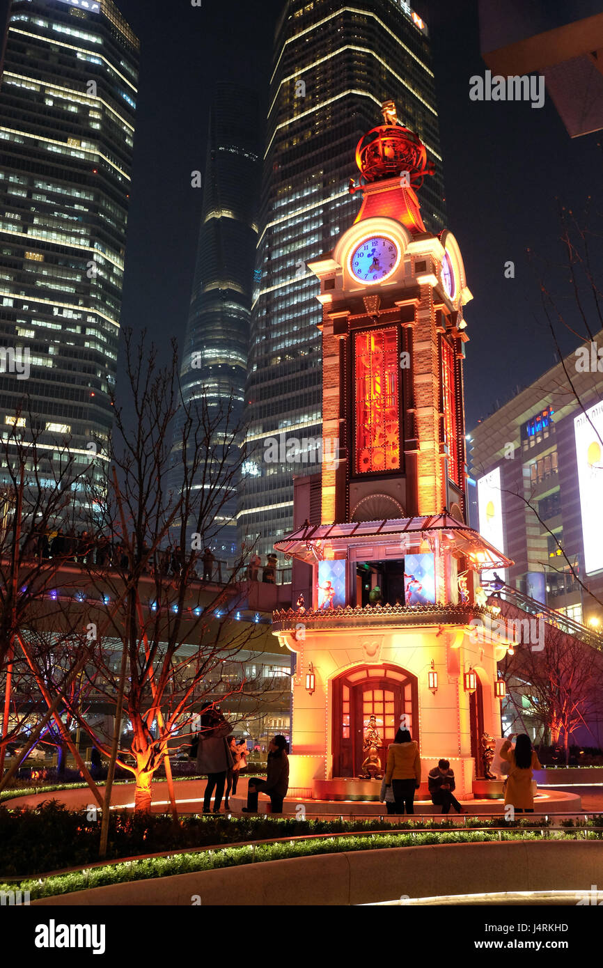 Disney Clock tower night view on Pudong of Shanghai, China, February 26 ...