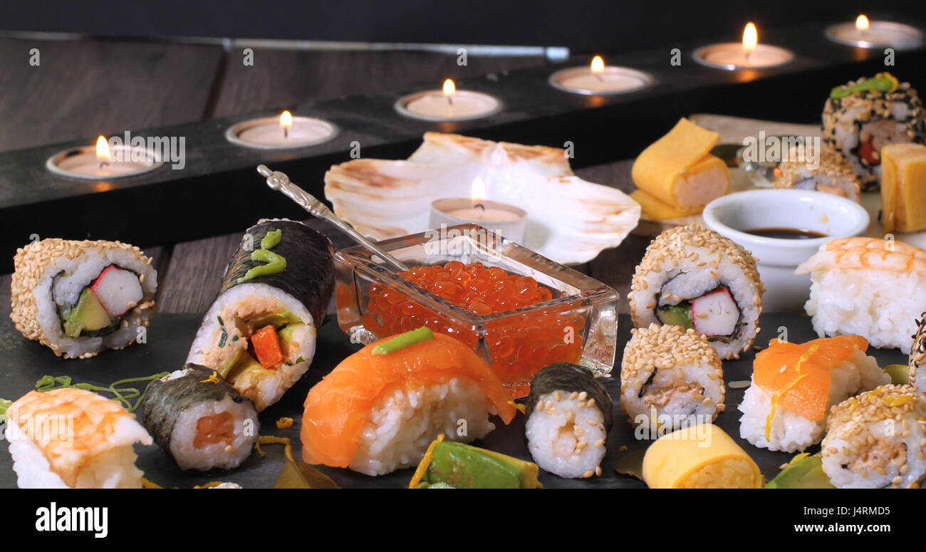 An assortment of Japanese food: sushi, nigiri, sashimi, rolls Stock ...