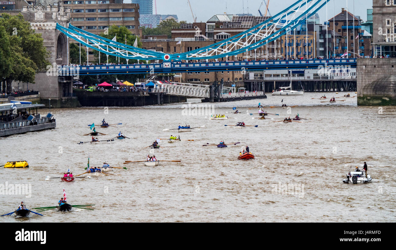 View of hundreds of rowing boats on the river Thames at Tower bridge in ...