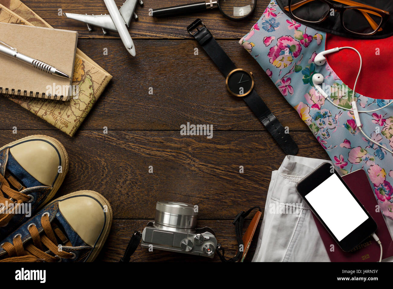 Top view accessories women to travel Stock Photo - Alamy