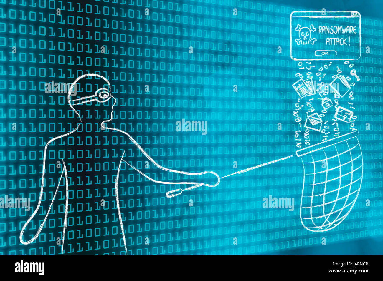 hacker with pirate mask and net grabbing other people's data, with ...